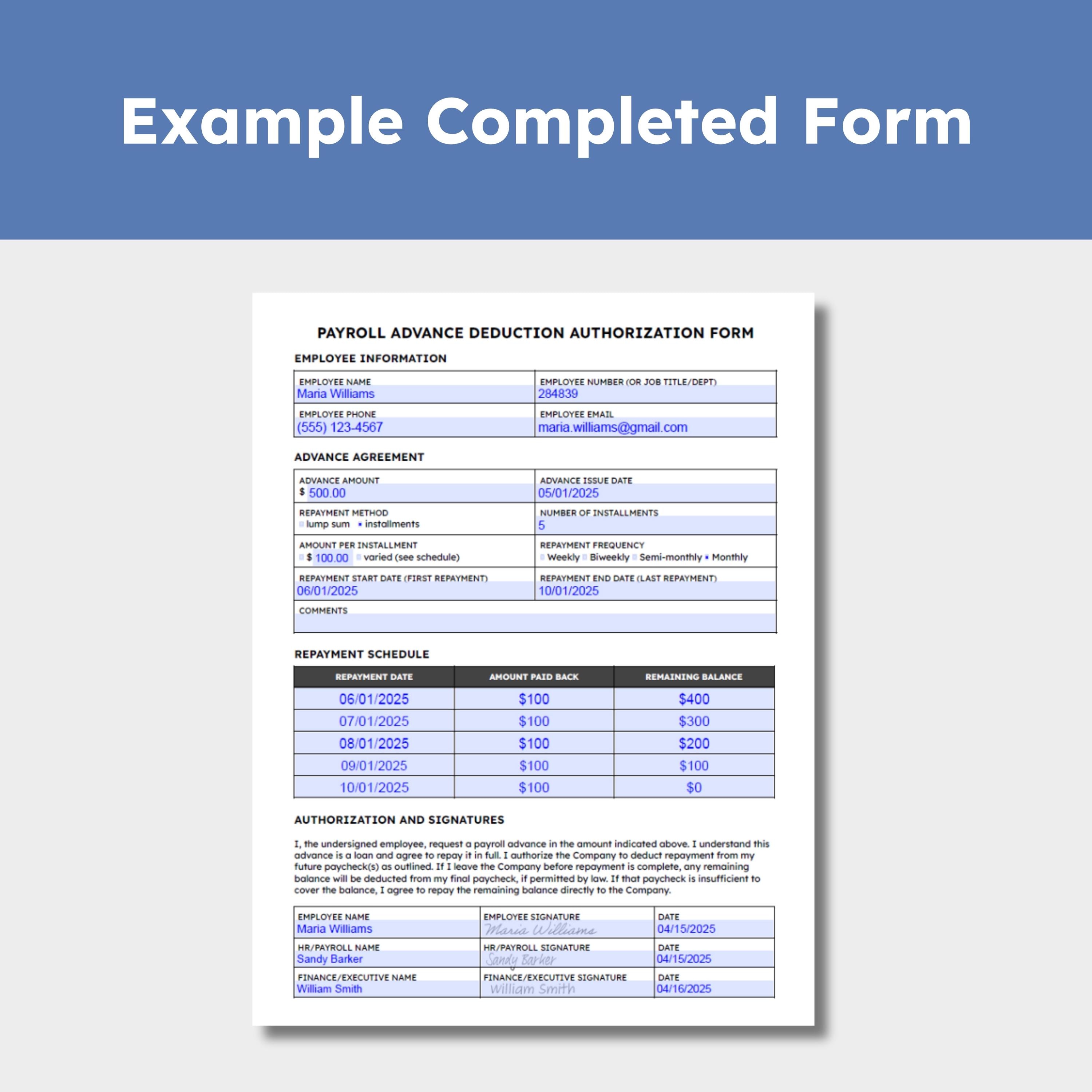Payroll Advance Authorization Form | Salary Loan Deduction Agreement ...