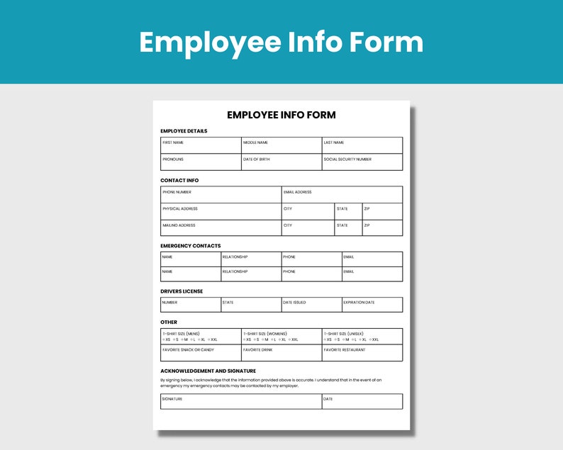 Employee Info Form | New Hire Info Form | Google Doc & Fillable PDF ...