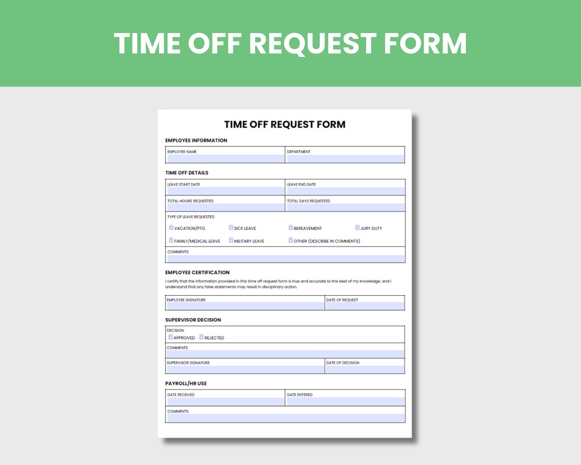Time off Request Form | Fillable PDF and Google Doc | Paid Time Off ...