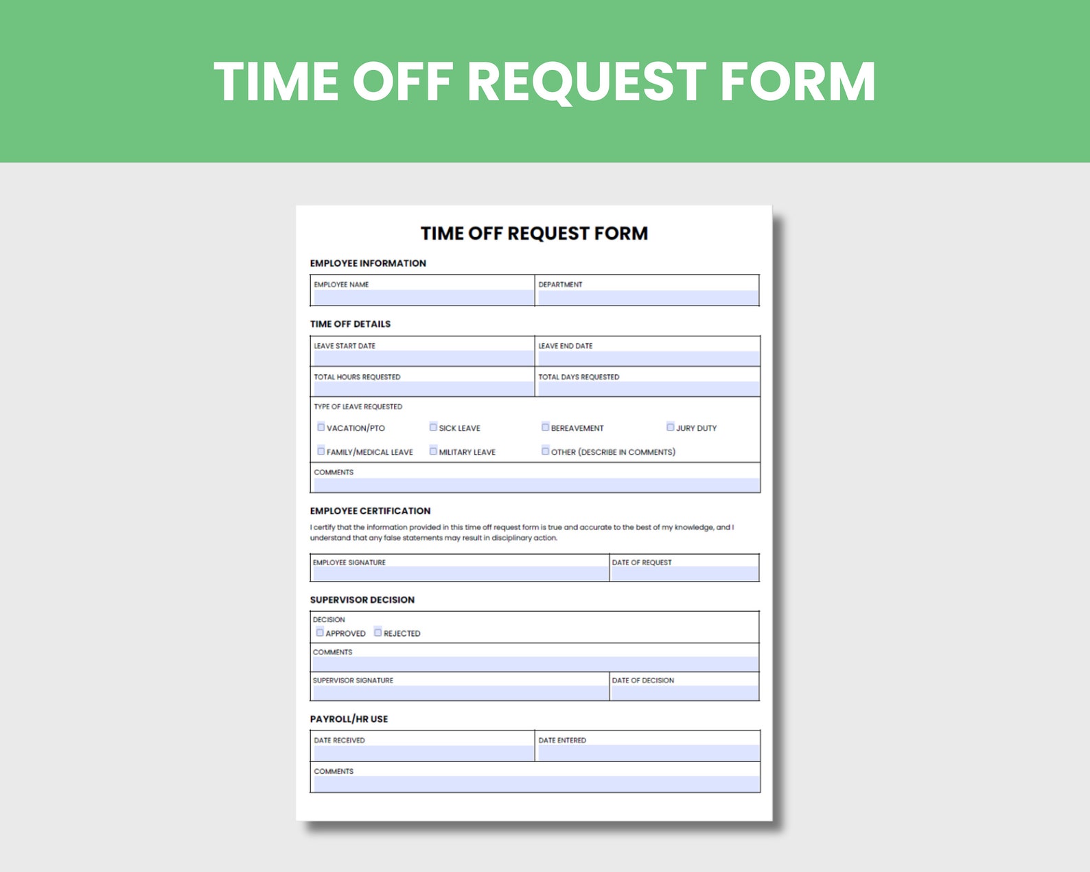 Time off Request Form | Fillable PDF and Google Doc | Paid Time Off ...