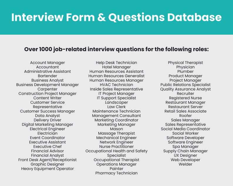 Interview Document and Questions Database | Instant Access Google Sheet ...