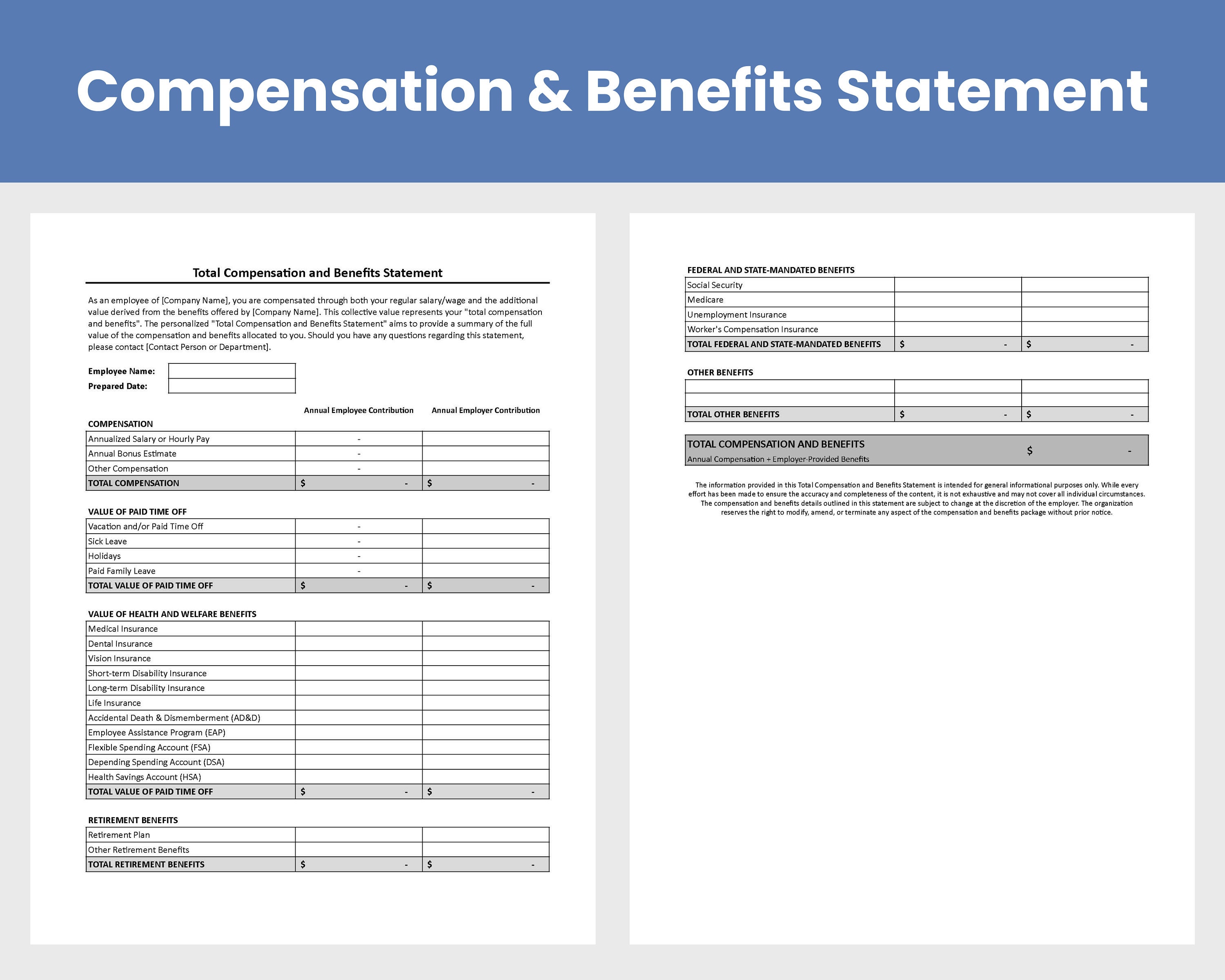 Compensation and Benefits Statement Template (google Sheets) - Etsy