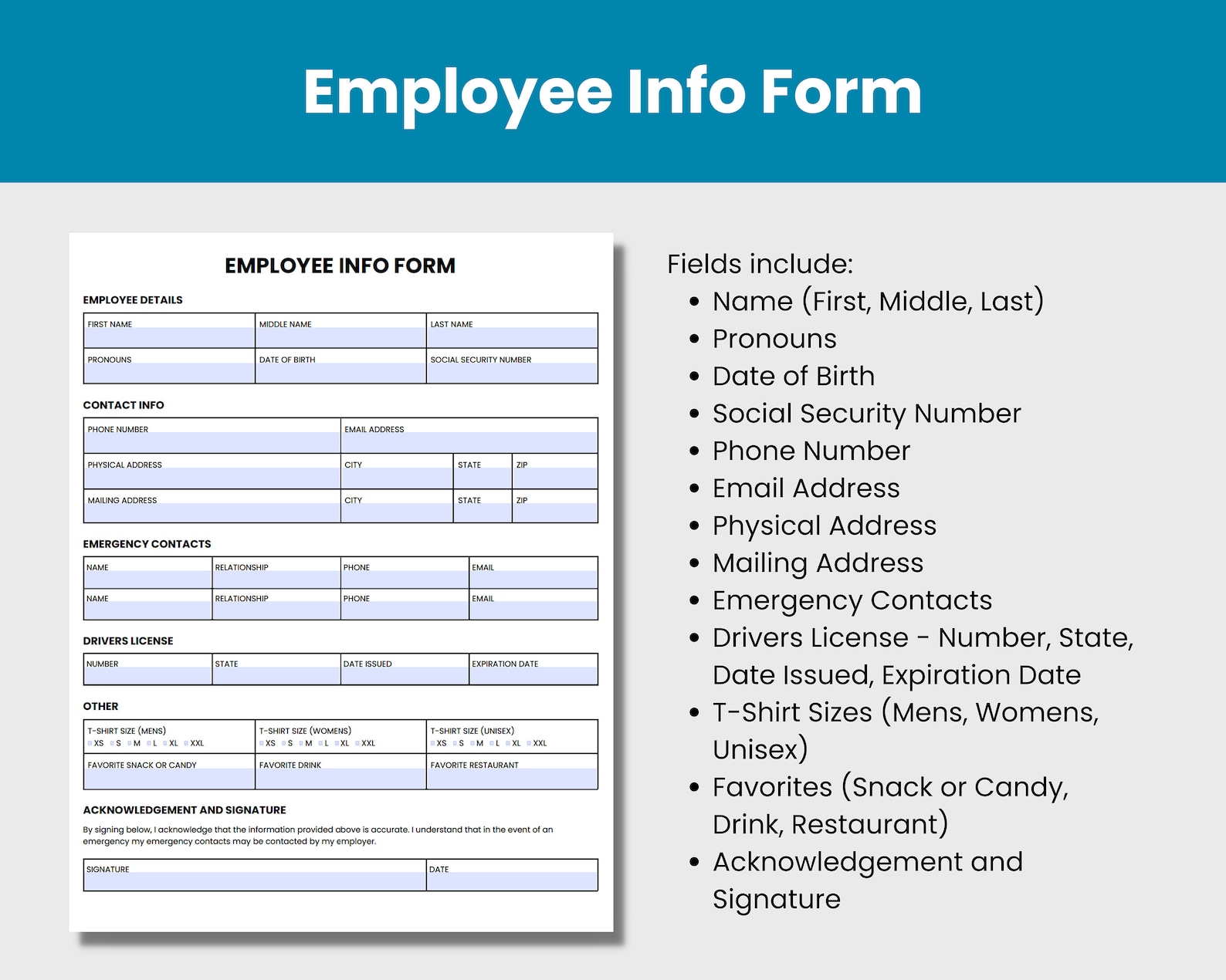 Employee Info Form | New Hire Info Form | Google Doc & Fillable PDF ...