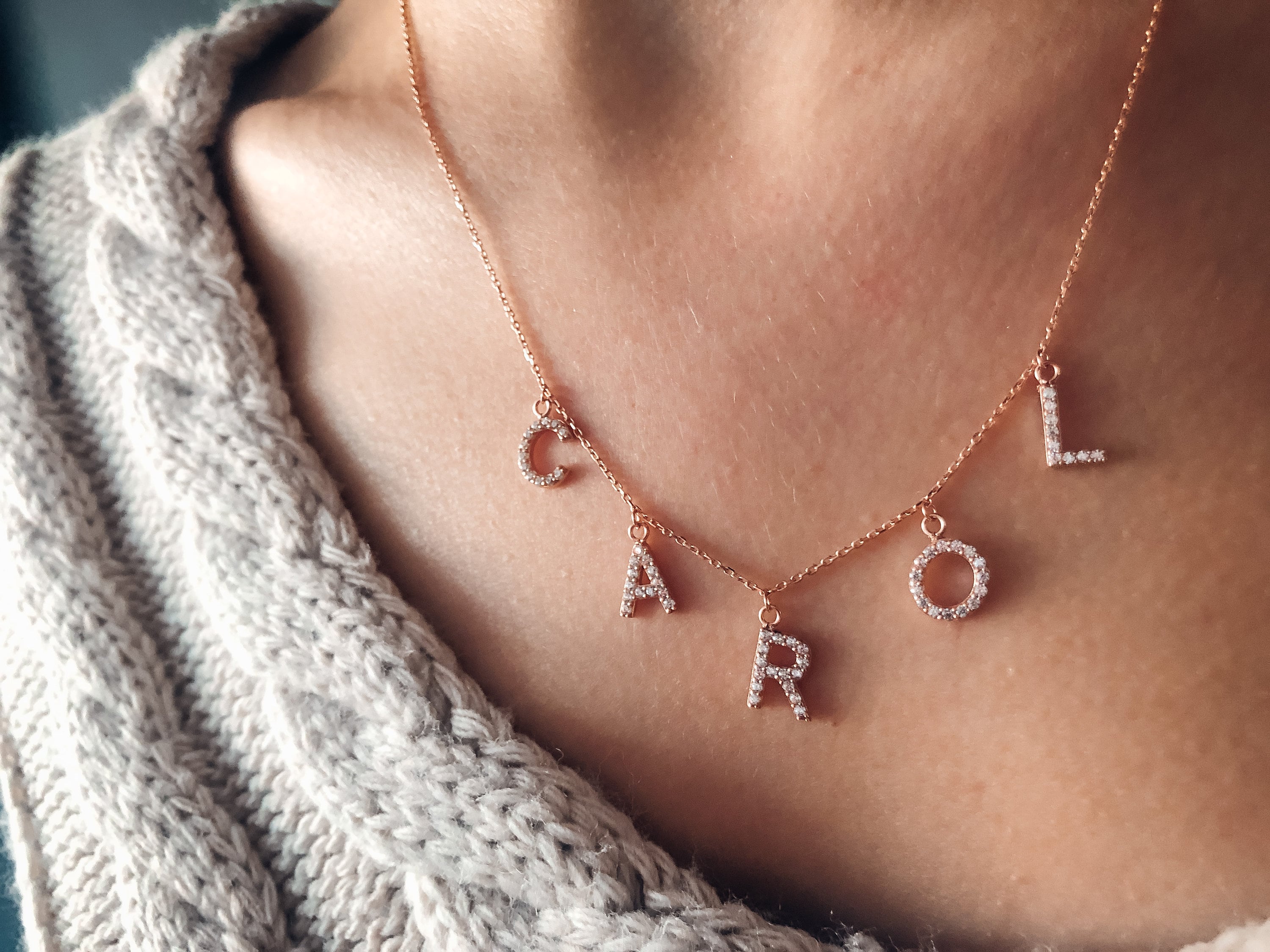 Silver initial name Necklace Initial Necklace with zircon | Etsy