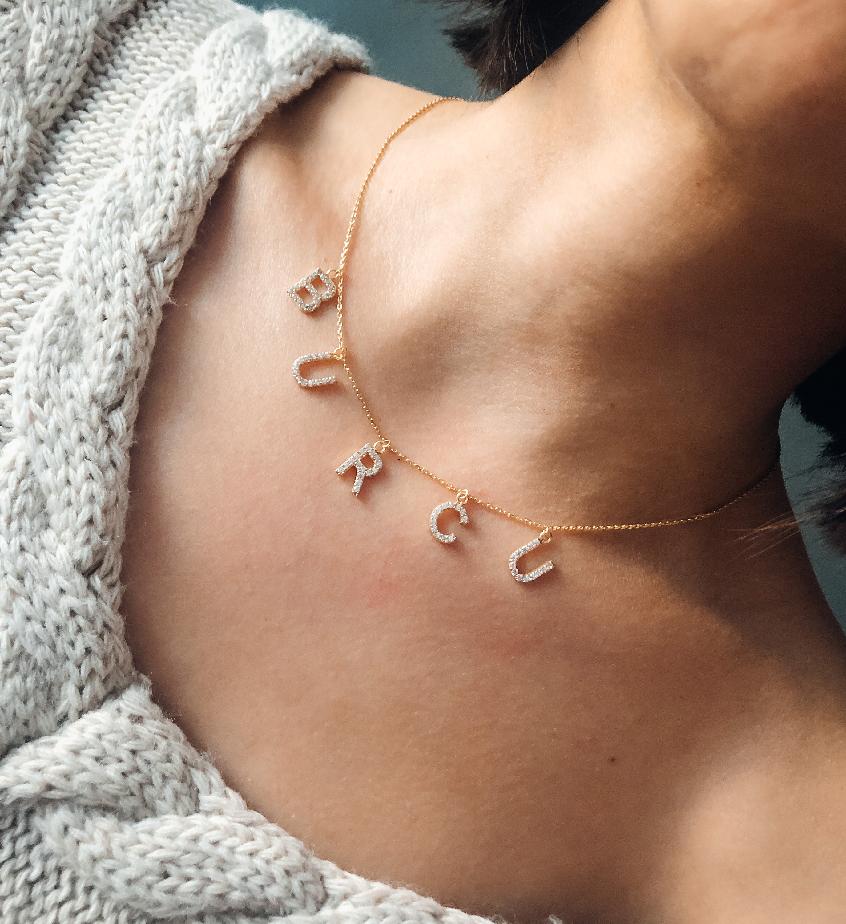 Silver initial name Necklace Initial Necklace with zircon | Etsy