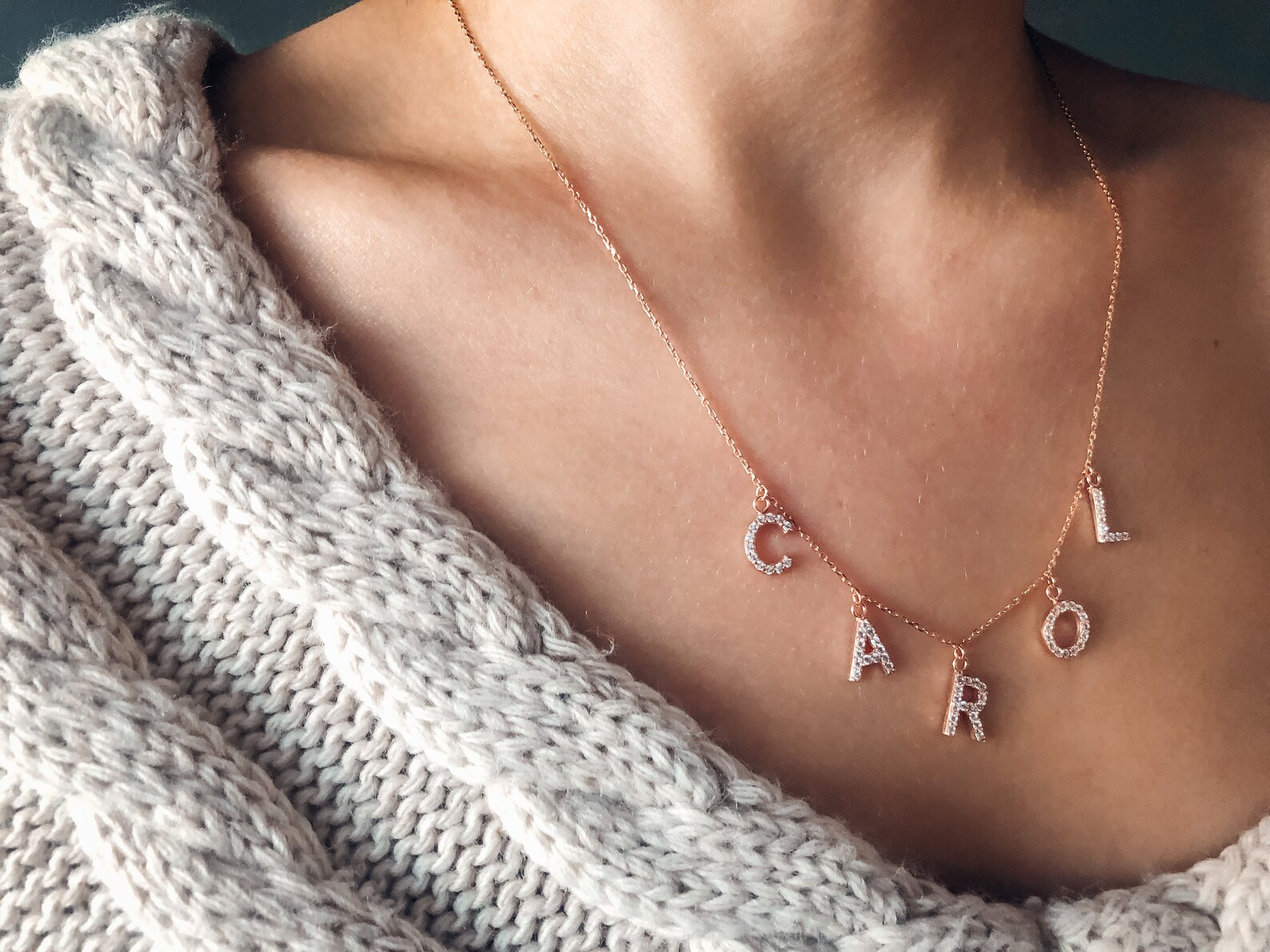 Silver initial name Necklace Initial Necklace with zircon | Etsy