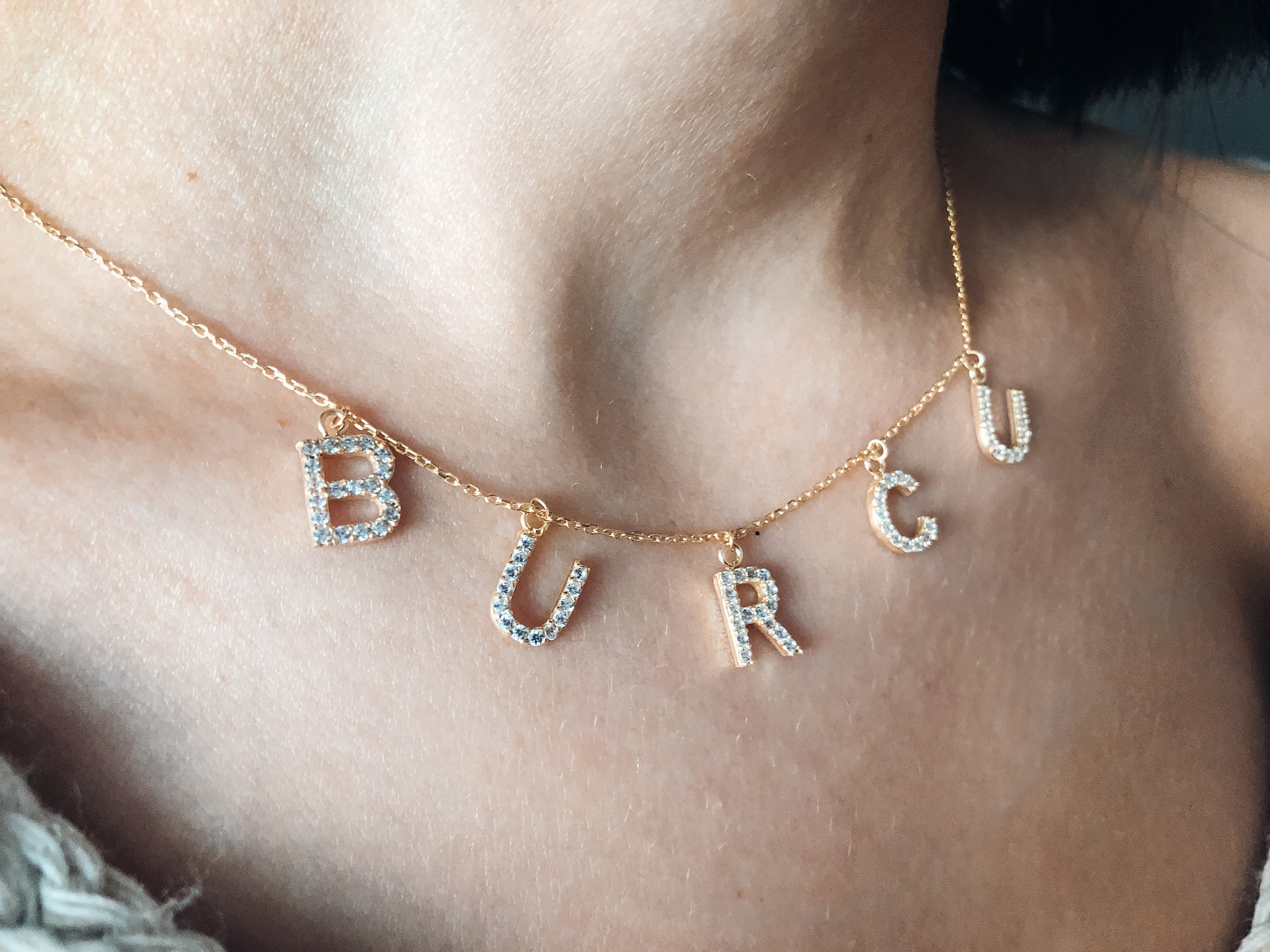 Silver initial name Necklace Initial Necklace with zircon | Etsy