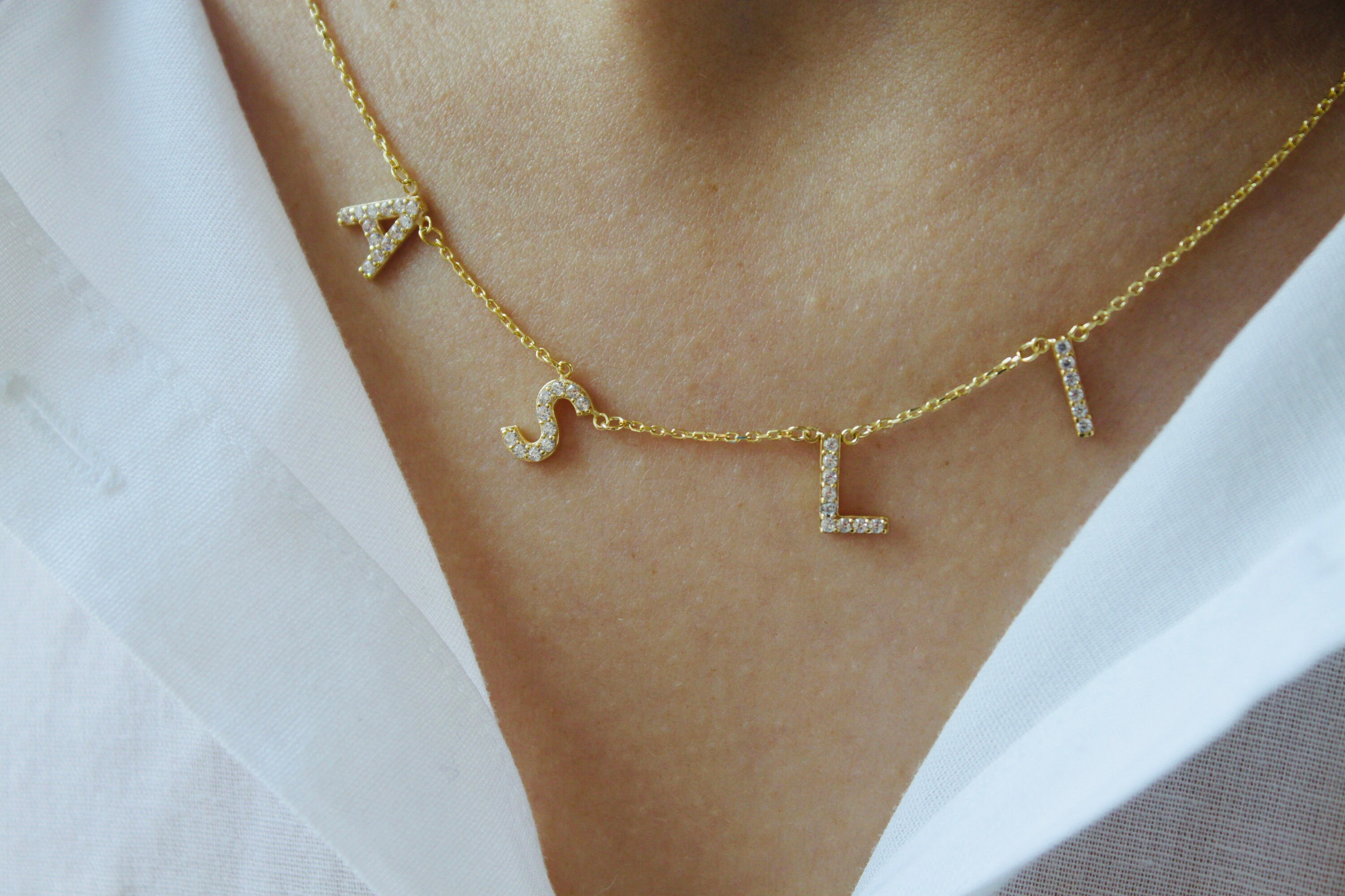 Silver initial name Necklace Initial Necklace with zircon | Etsy