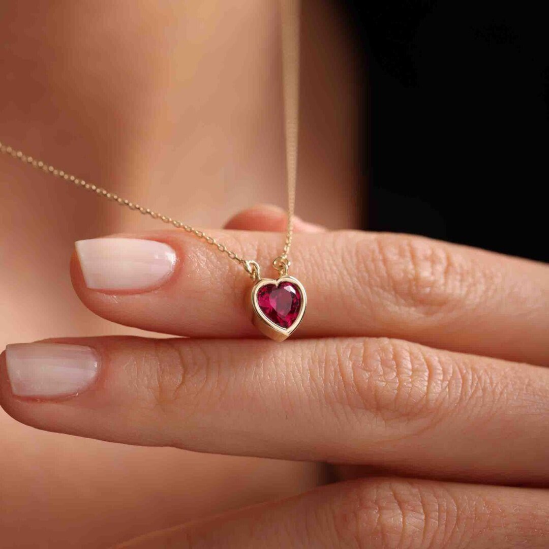 14K Solid Gold Ruby Heart Necklace, Dainty Red Stone Pendant, July ...