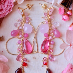 Pink Ruby / Rose Quartz / Garnet Heart Shape Dangle Stud Earrings ...
