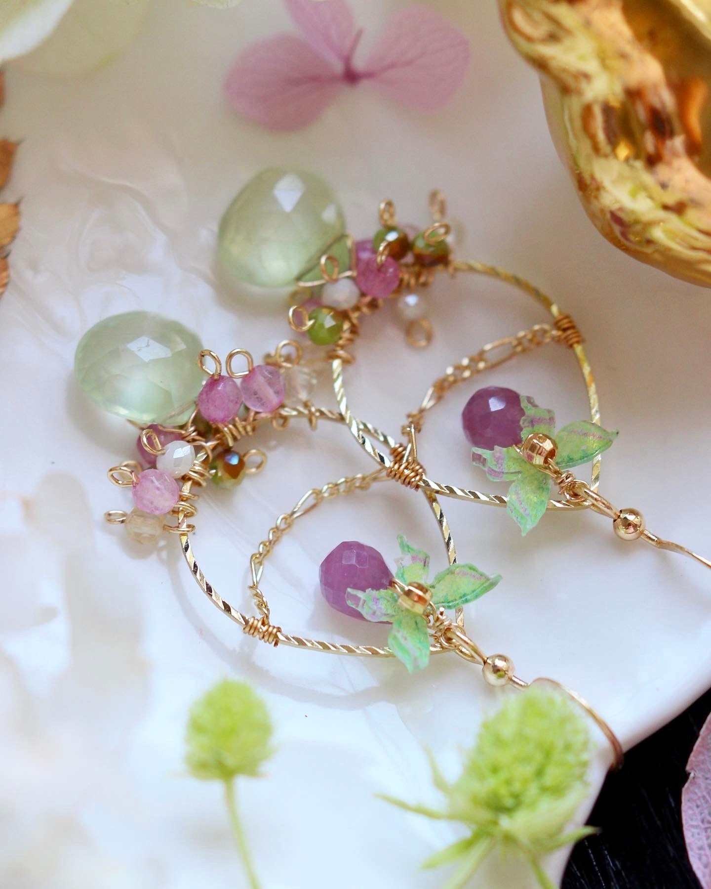 Prehnite / Pink Sapphire Floral Themed 14K Gold Filled Handmade Oval ...