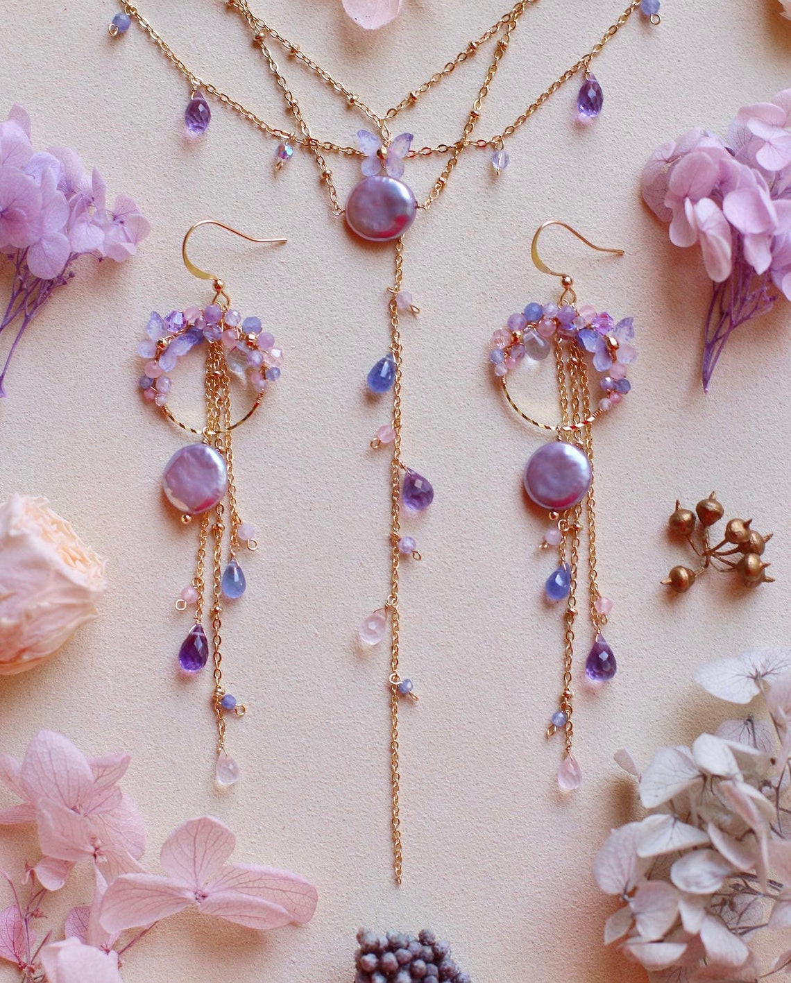 Button Baroque Pearl / Tanzanite / Amethyst Handmade 14K Gold Filled ...