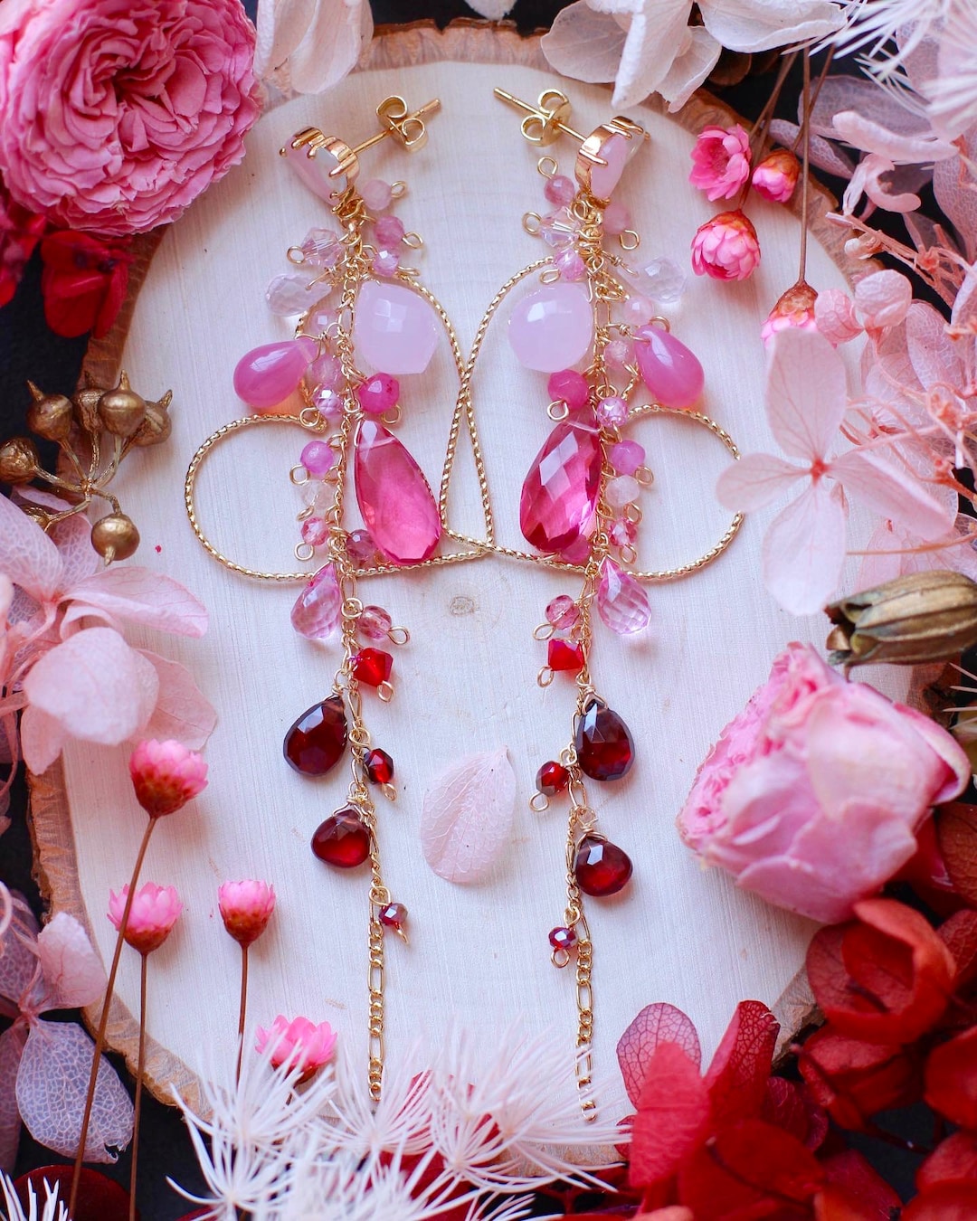 Pink Ruby / Rose Quartz / Garnet Heart Shape Dangle Stud Earrings ...