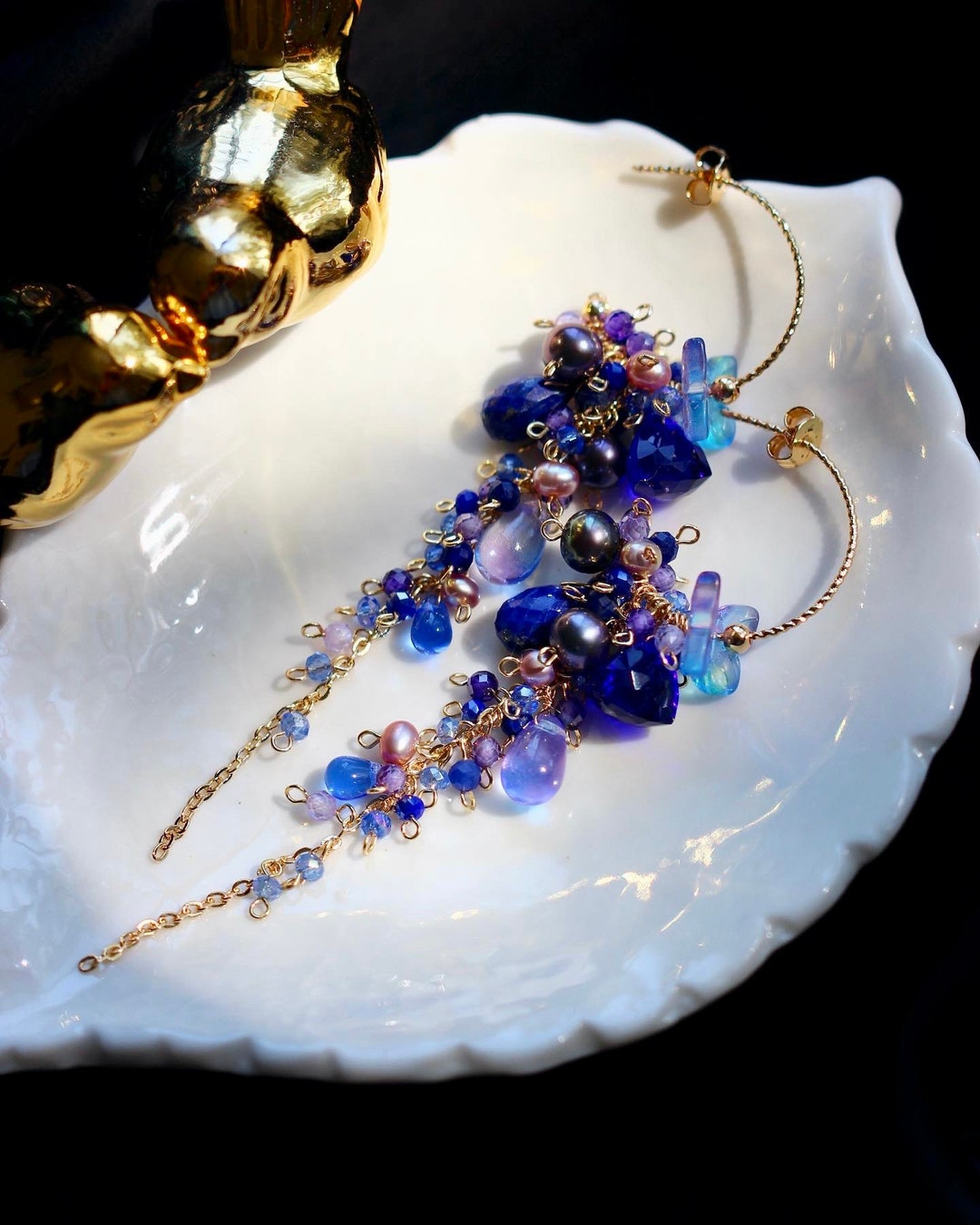 Royal Blue Quartz / Lapis Lazuli / Pearl Handmade 14K Gold - Etsy