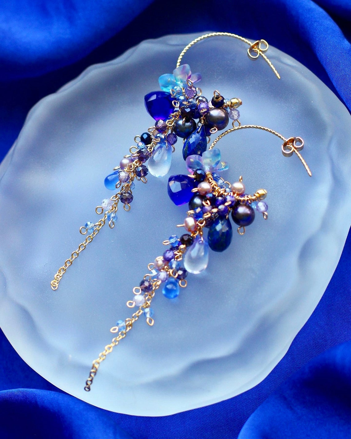 Royal Blue Quartz / Lapis Lazuli / Pearl Handmade 14K Gold Filled Hoop ...