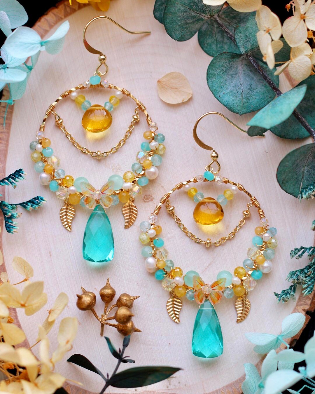 Peacock Blue Topaz / Orange Yellow Quartz Floral Wrapped Cluster Hoop ...