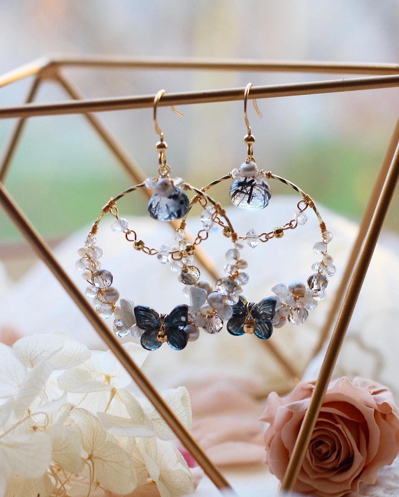 Black Hair Quartz Handmade Gemstone Butterfly Floral Cluster Hoop ...
