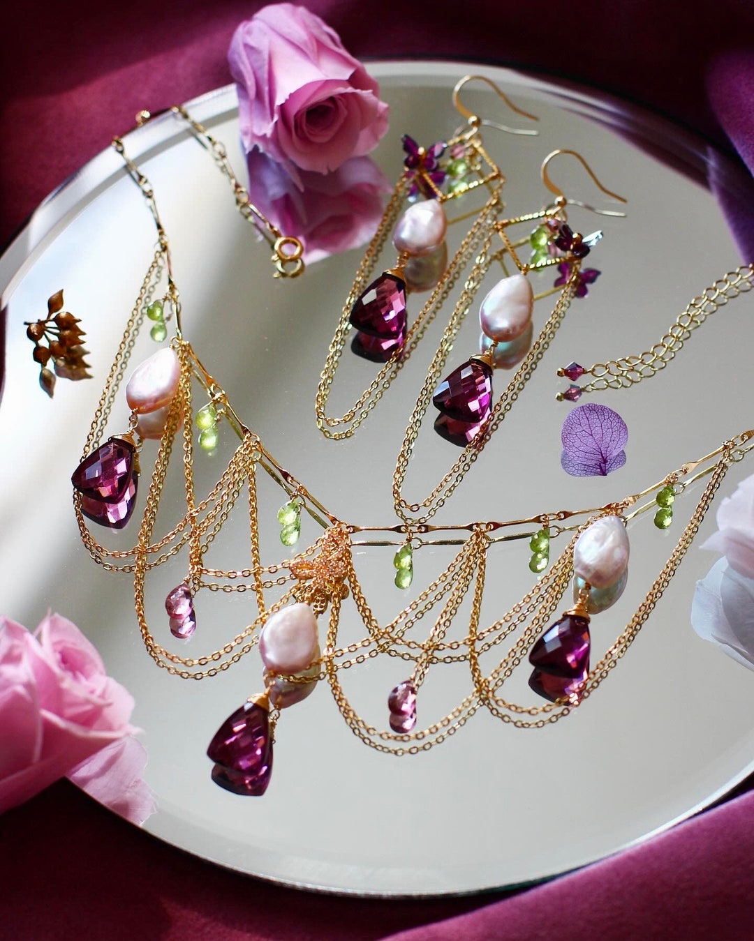 African Amethyst Quartz / Peridot / Baroque Pearl Jewelry Set // 14K ...