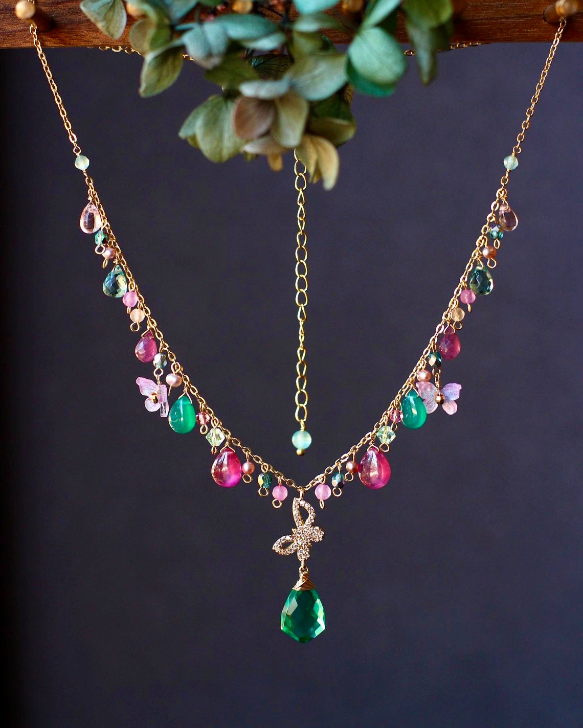 Emerald Quartz / Sapphire / Freshwater Pearl Cluster Floral Butterfly ...