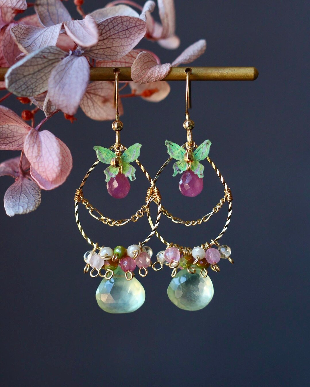 Prehnite / Pink Sapphire Floral Themed 14K Gold Filled Handmade Oval ...