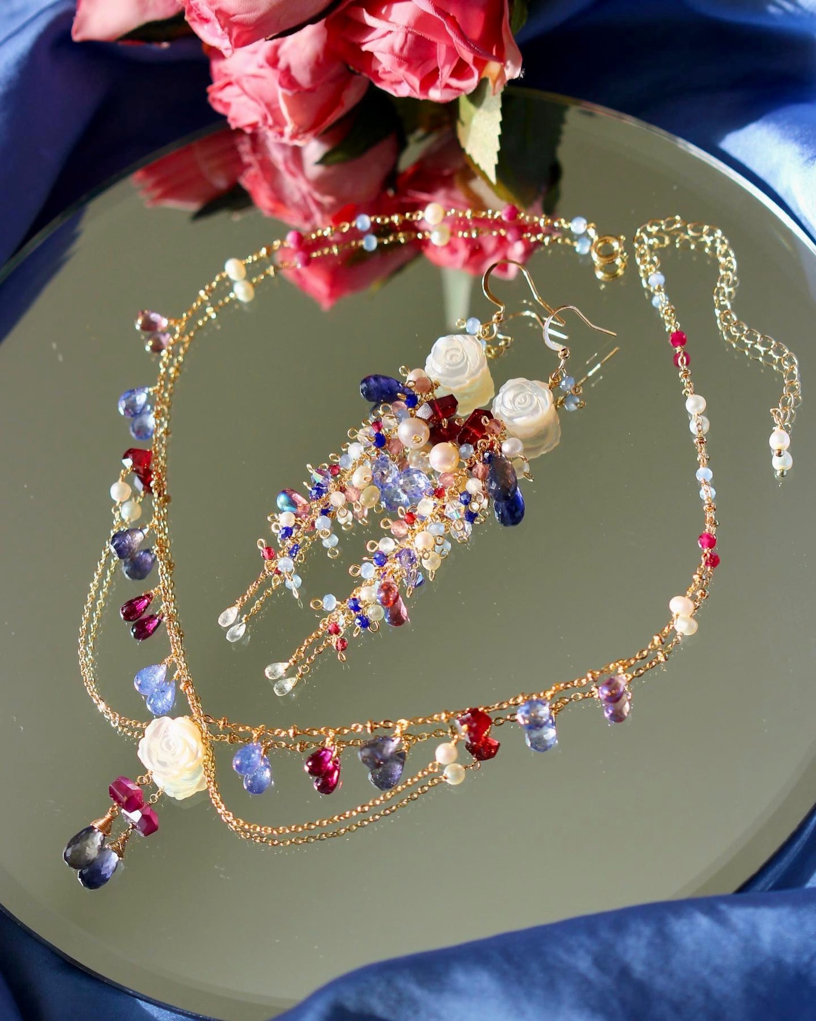 Rose Carved Shell / Garnet / Cordierite / Aurora Pearl / Sapphire ...