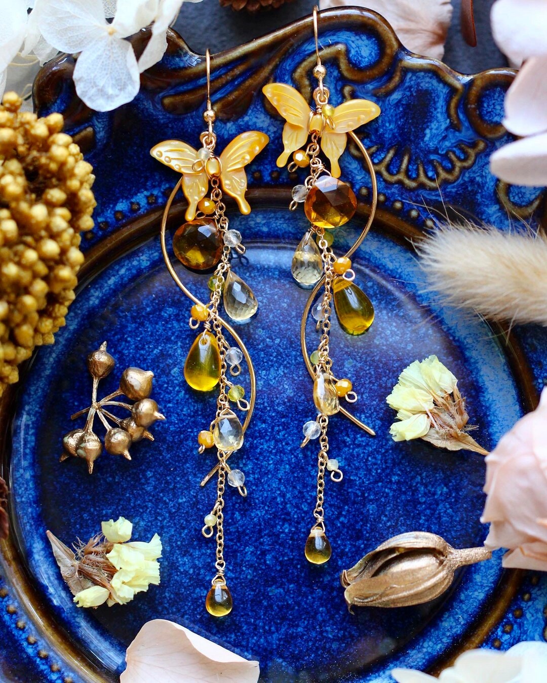 Handmade 14K Gold Filled Vintage Yellow Citron Gemstone Butterfly Charm ...