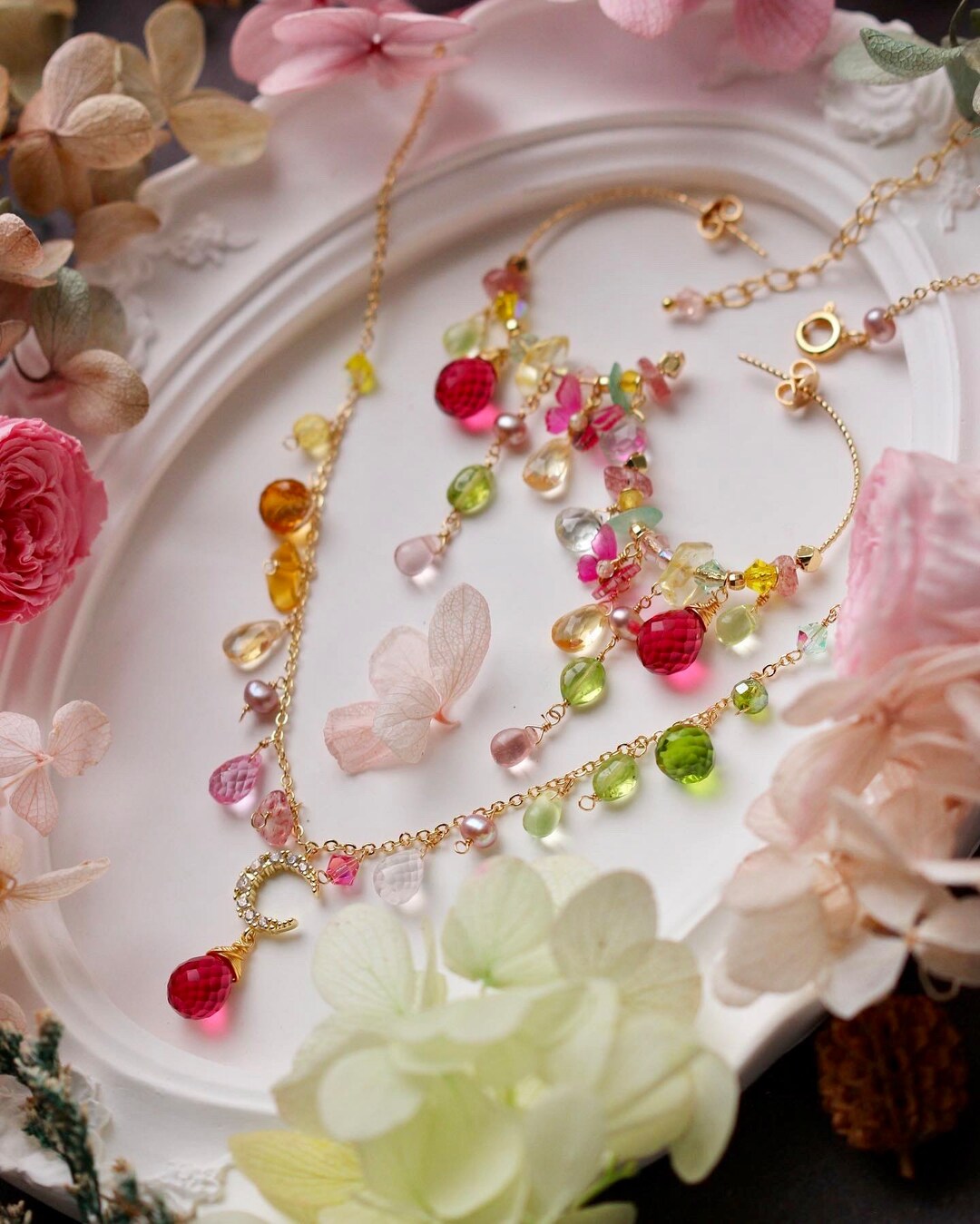 Floral Themed Assorted Gemstone Pearl Moon Charm Jewelry Set // 14K ...