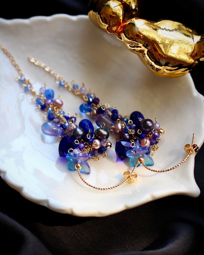 Royal Blue Quartz / Lapis Lazuli / Pearl Handmade 14K Gold Filled Hoop ...