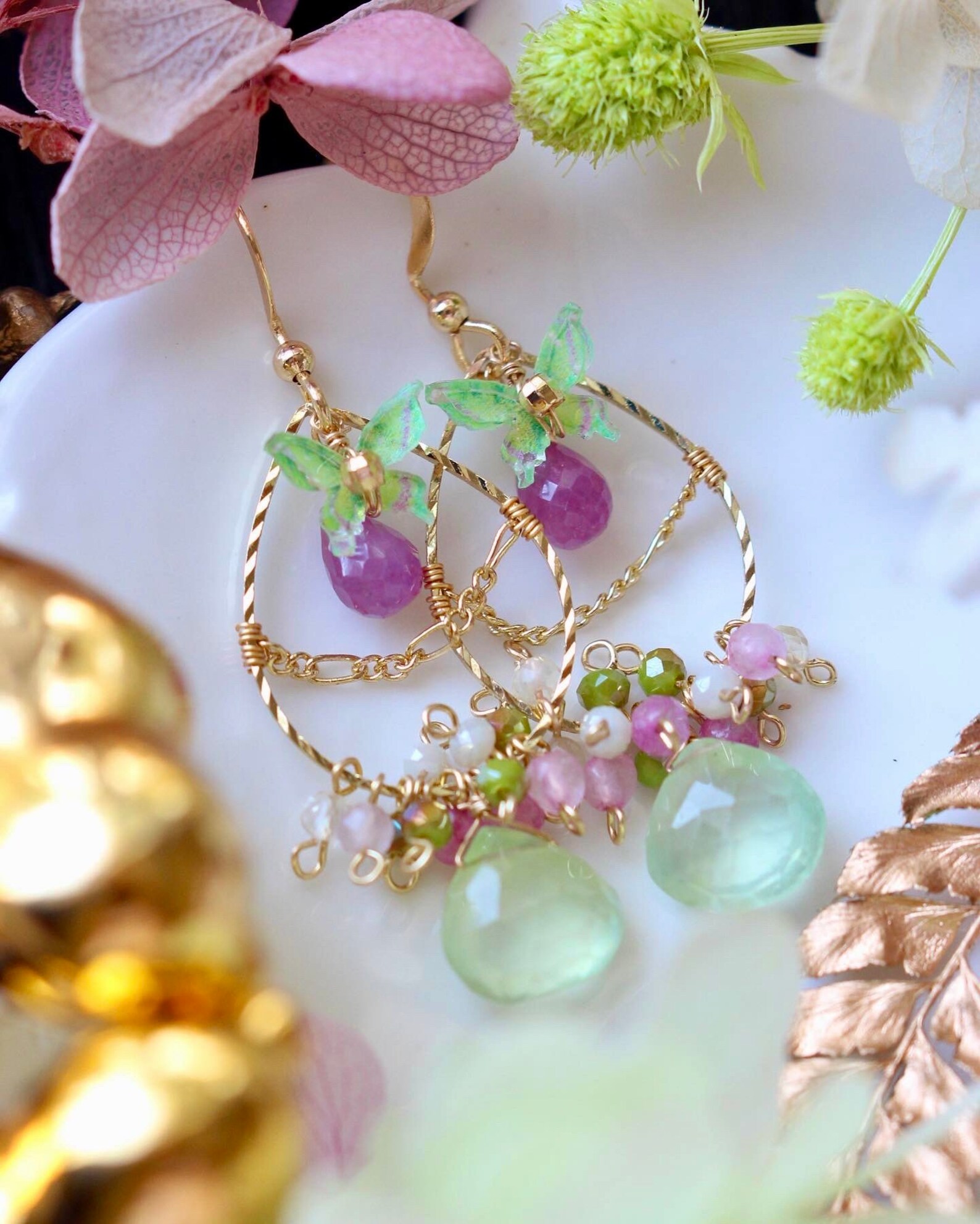 Prehnite / Pink Sapphire Floral Themed 14K Gold Filled Handmade Oval ...