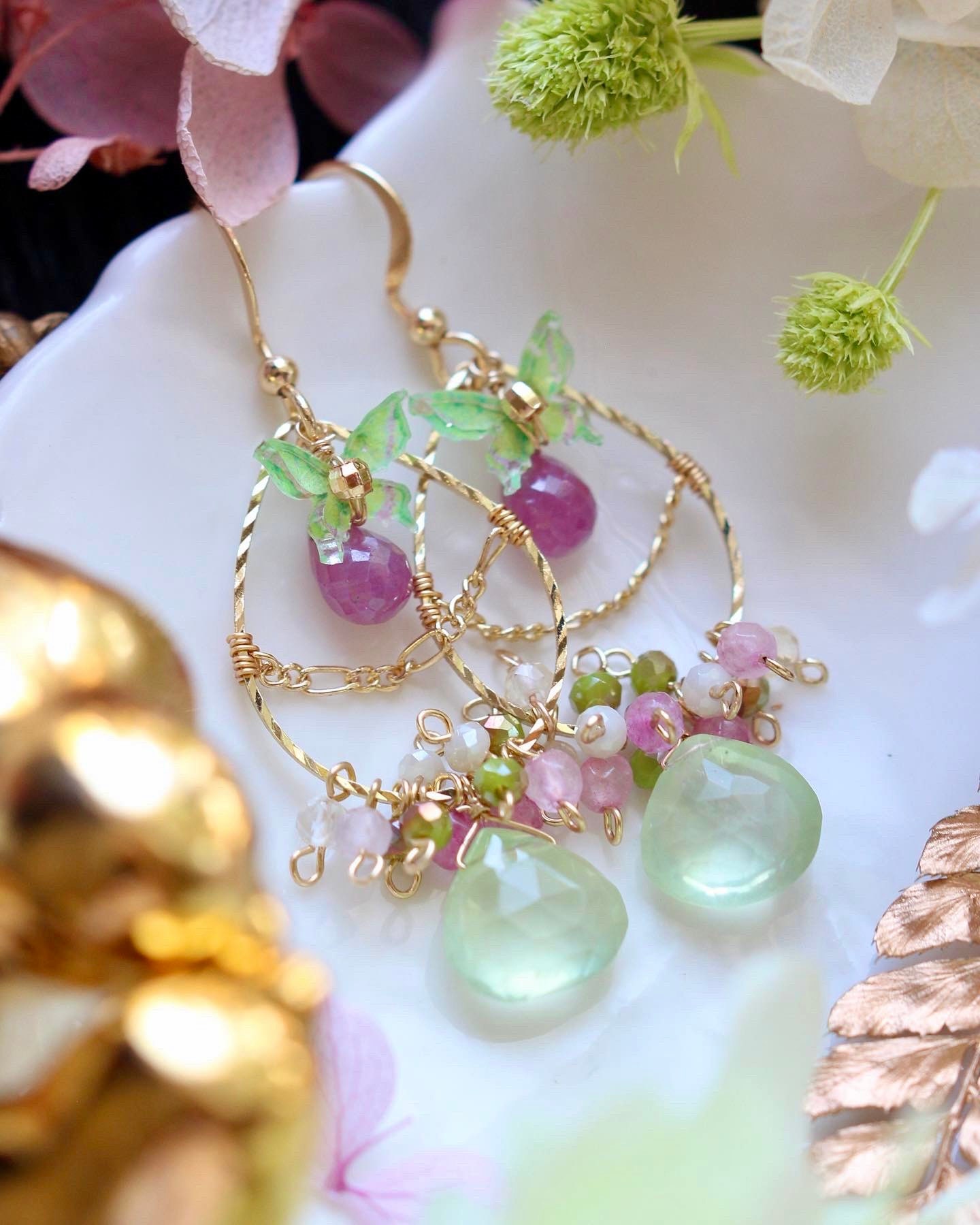 Prehnite / Pink Sapphire Floral Themed 14K Gold Filled Handmade Oval ...