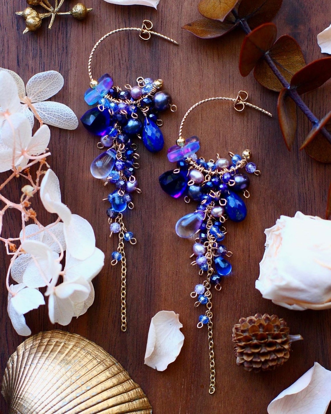Royal Blue Quartz / Lapis Lazuli / Pearl Handmade 14K Gold Filled Hoop ...