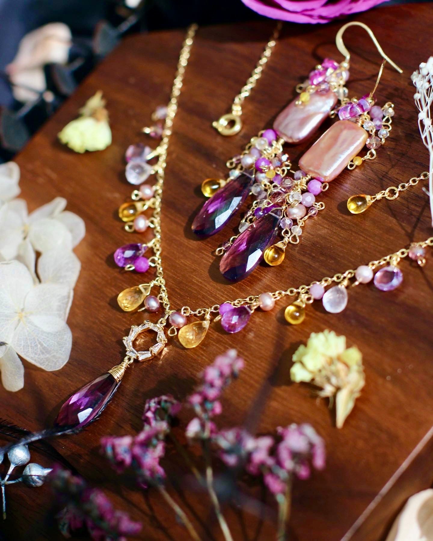 Rose Purple Quartz Handmade Gemstone / Baroque Pearl Dainty Jewelry Set ...
