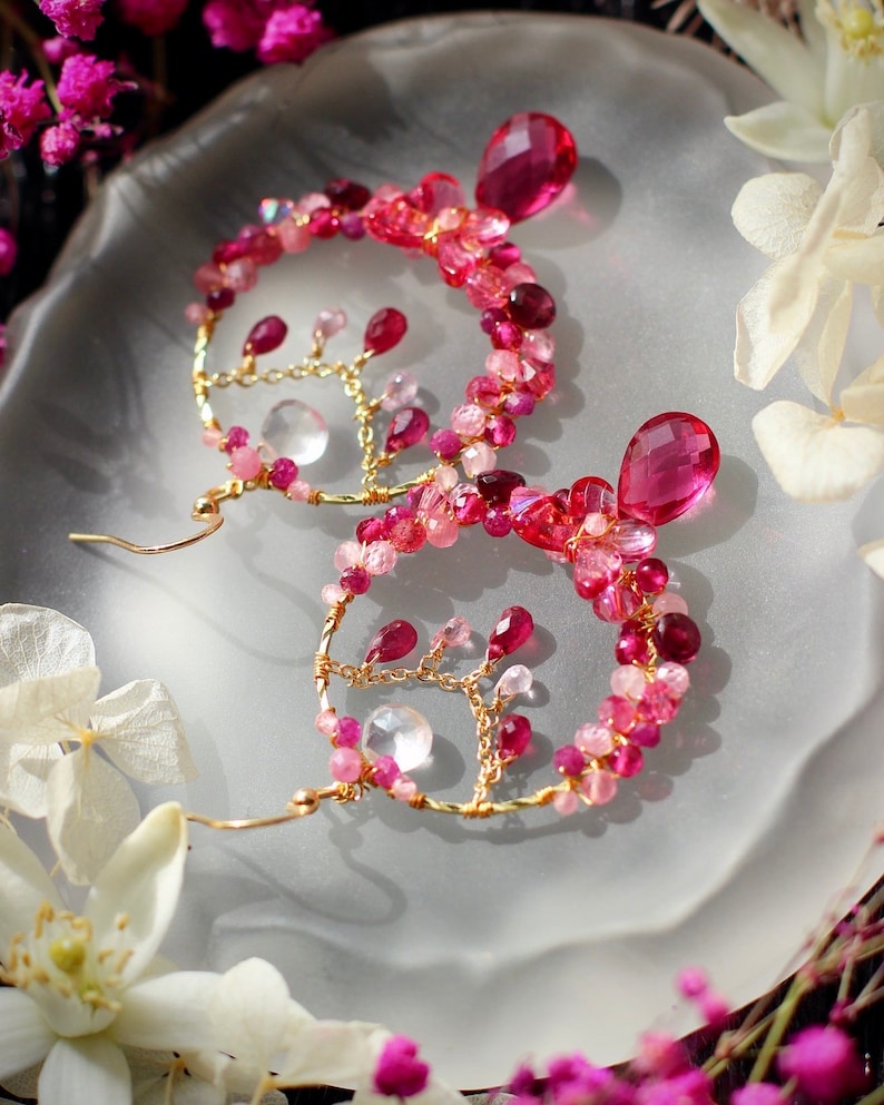 Handmade 14K Gold Filled Ruby / Sapphire / Rose Red Quartz Pink Floral ...