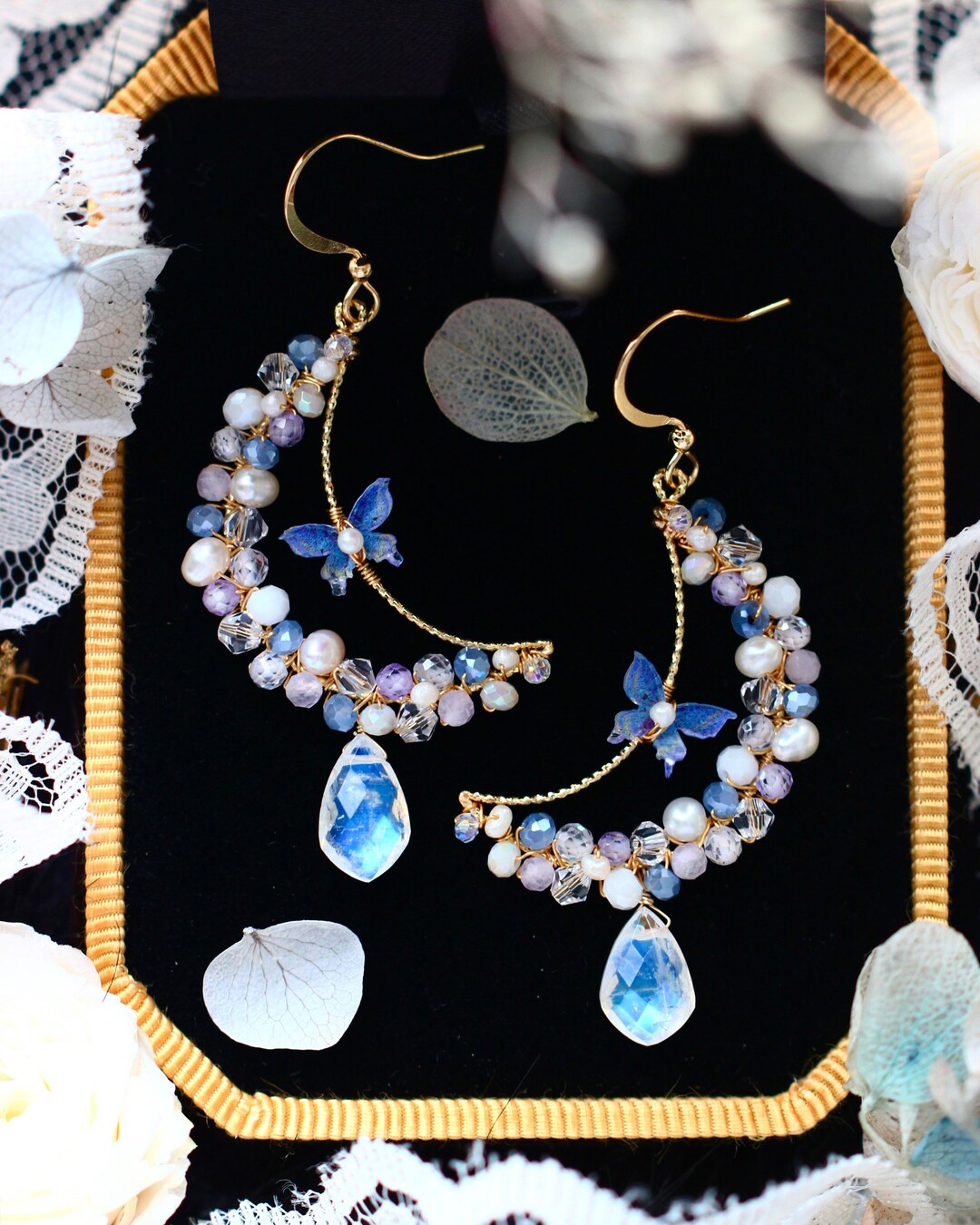 Moonstone / Pearl Handmade Moon Shape Dangle Earrings // 14K Gold ...