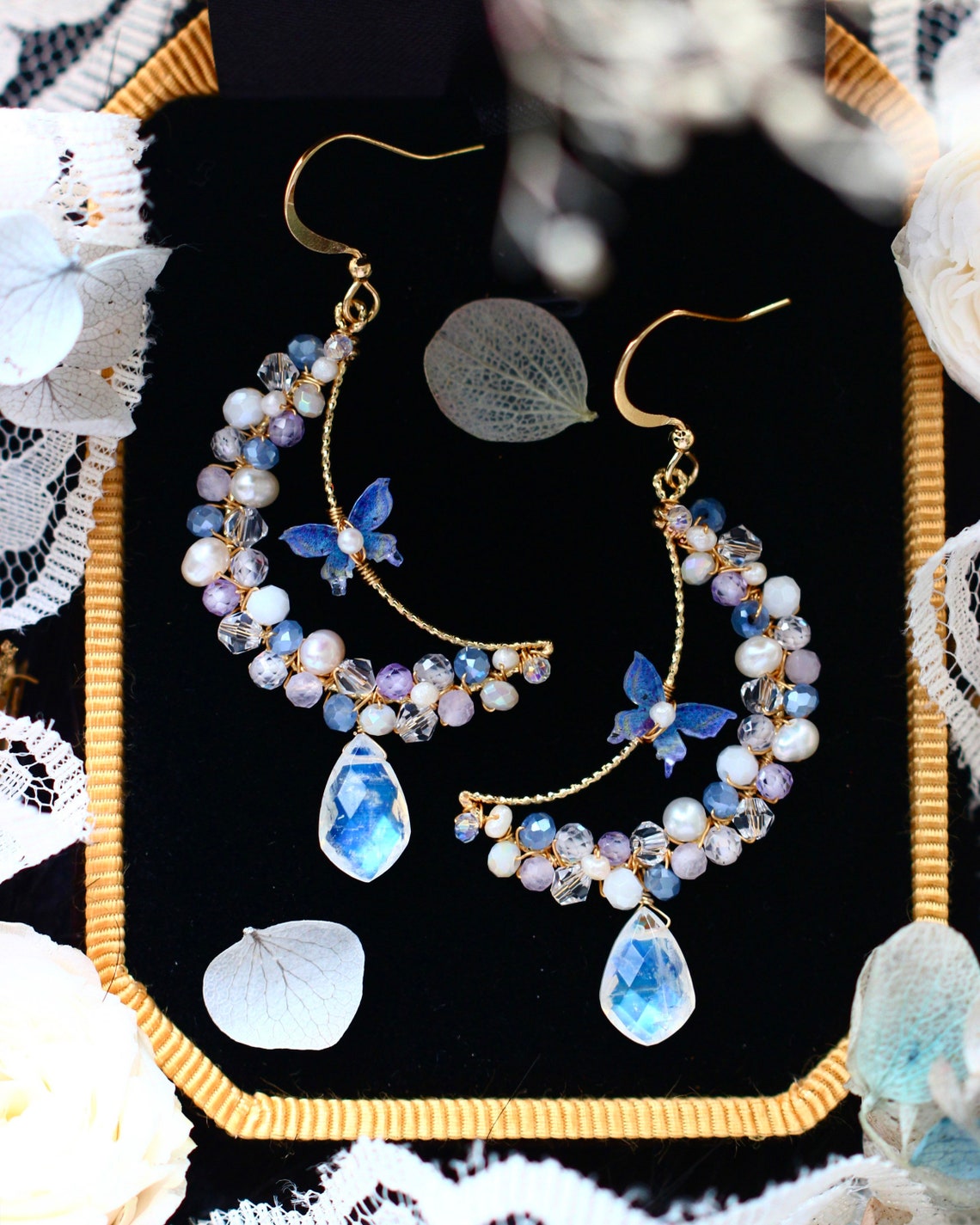 Moonstone / Pearl Handmade Moon Shape Dangle Earrings // 14K Gold ...