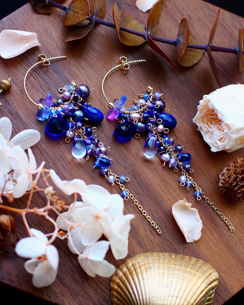 Royal Blue Quartz / Lapis Lazuli / Pearl Handmade 14K Gold Filled Hoop ...