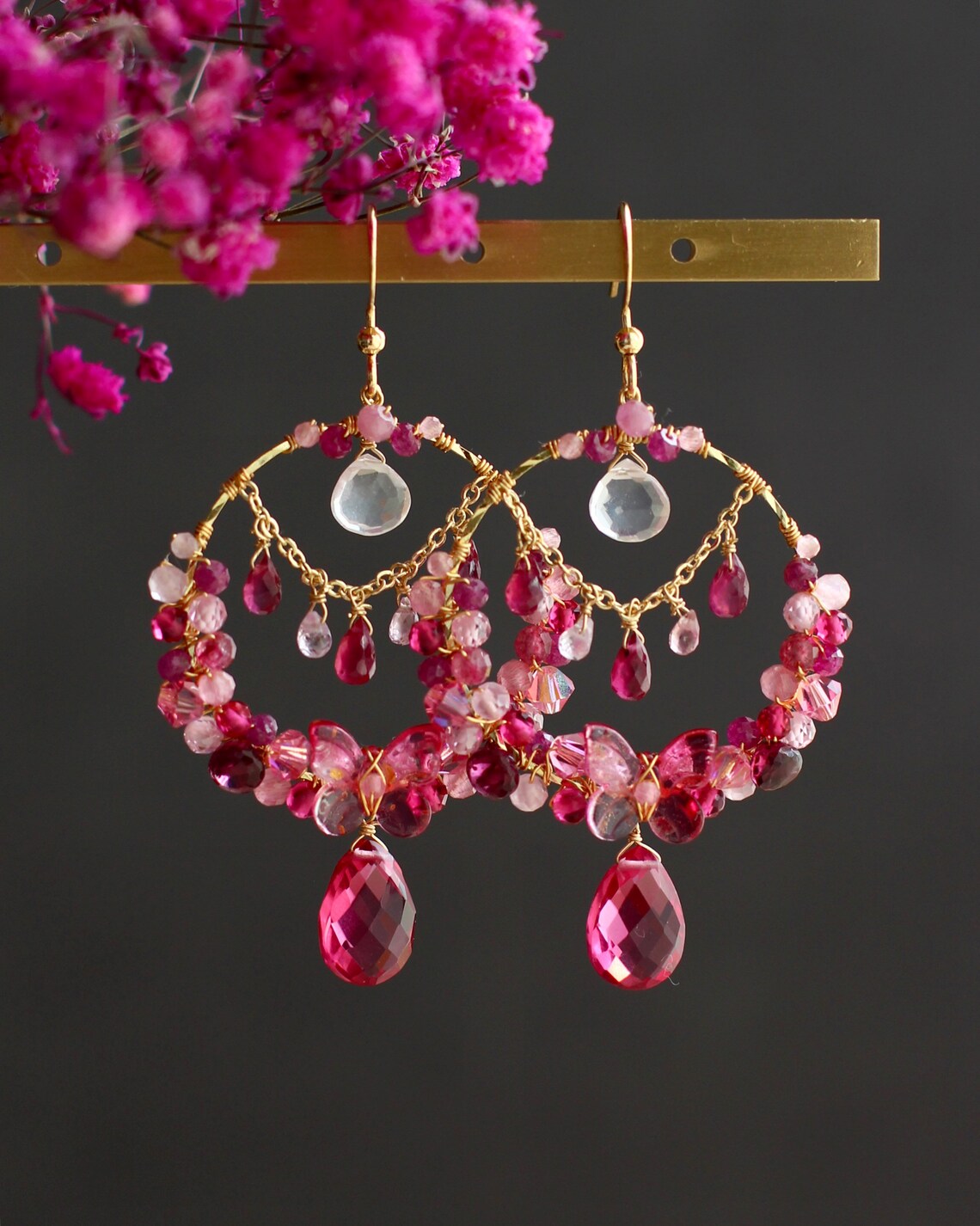 Handmade 14K Gold Filled Ruby / Sapphire / Rose Red Quartz Pink Floral ...