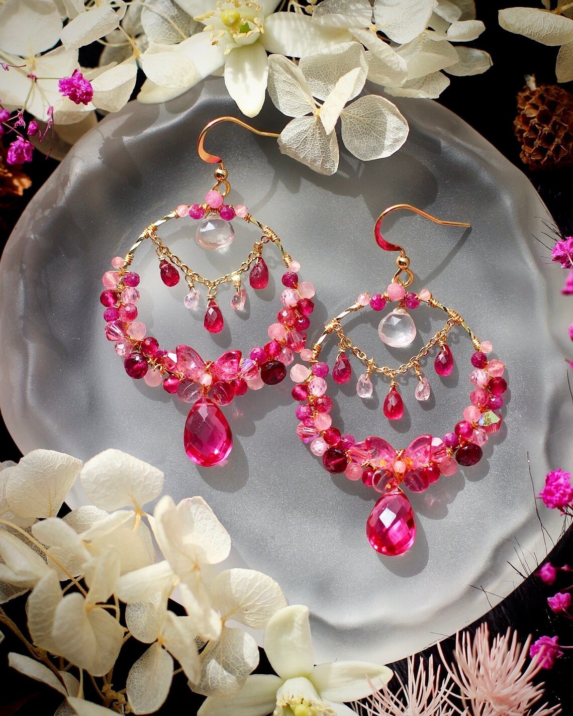 Handmade 14K Gold Filled Ruby / Sapphire / Rose Red Quartz Pink Floral ...