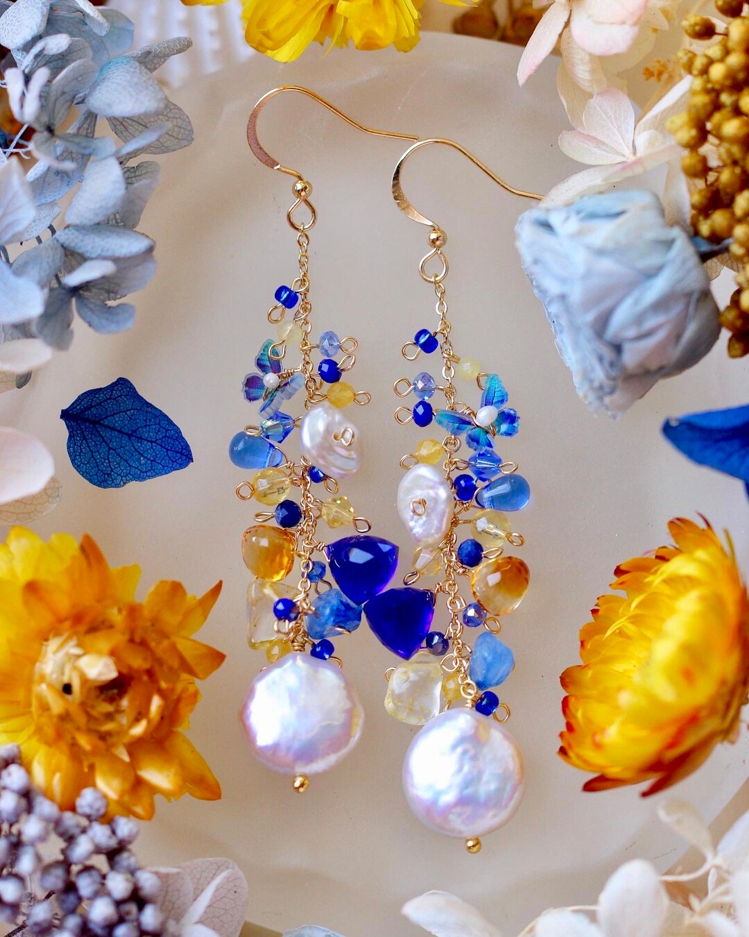 Baroque Pearl / Royal Blue Quartz / Citrine Butterfly Charm 14K Gold ...