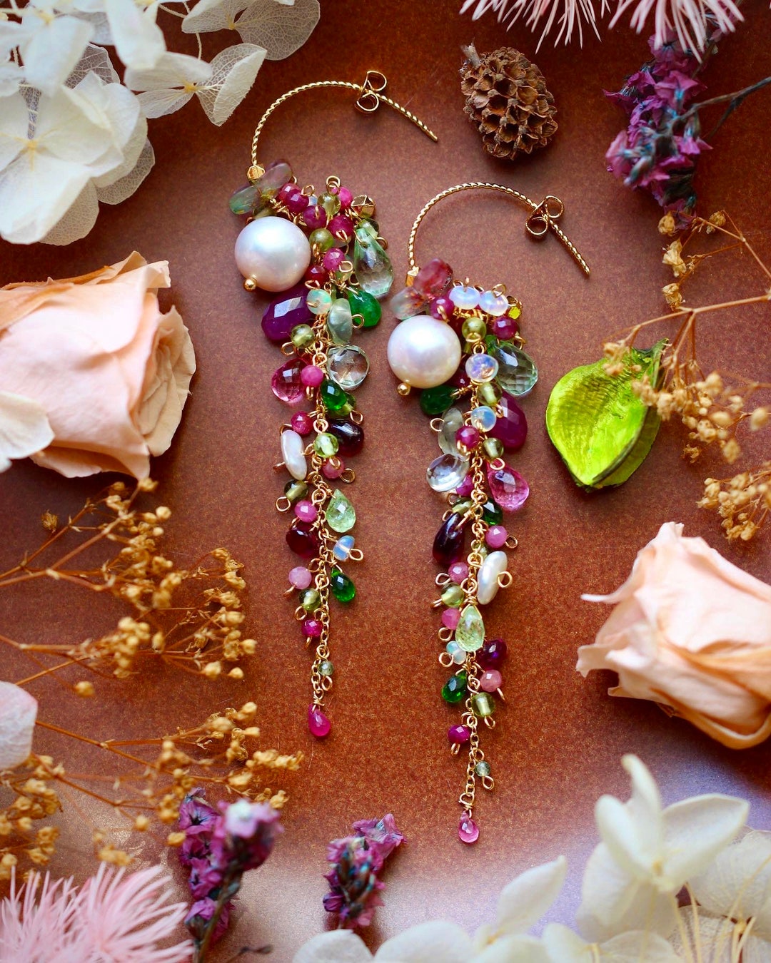 Super Gemstone Complex Long Dangle Earrings // 14K Gold Filed Artisan ...