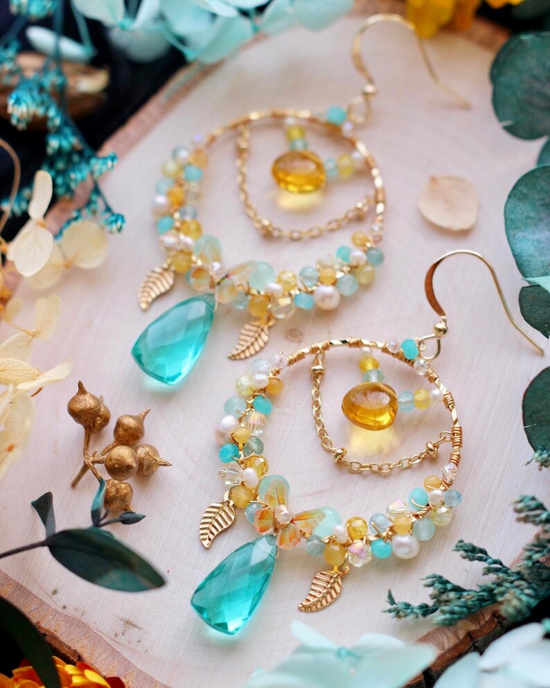 Peacock Blue Topaz / Orange Yellow Quartz Floral Wrapped Cluster Hoop ...
