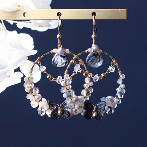 Black Hair Quartz Handmade Gemstone Butterfly Floral Cluster Hoop ...