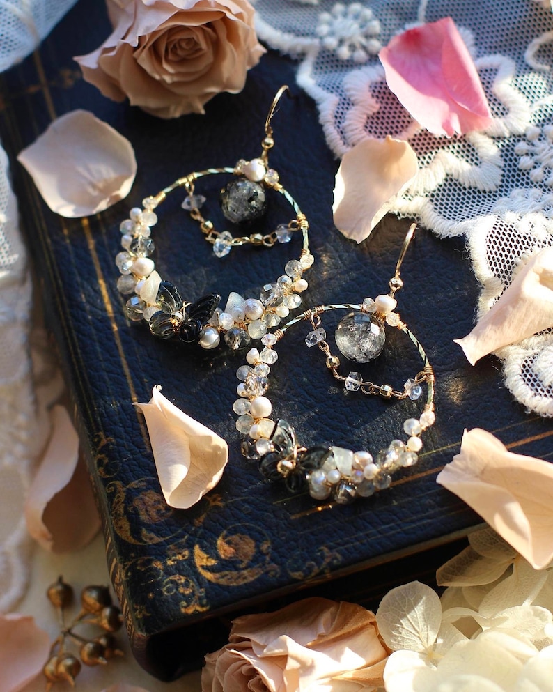 Black Hair Quartz Handmade Gemstone Butterfly Floral Cluster Hoop ...