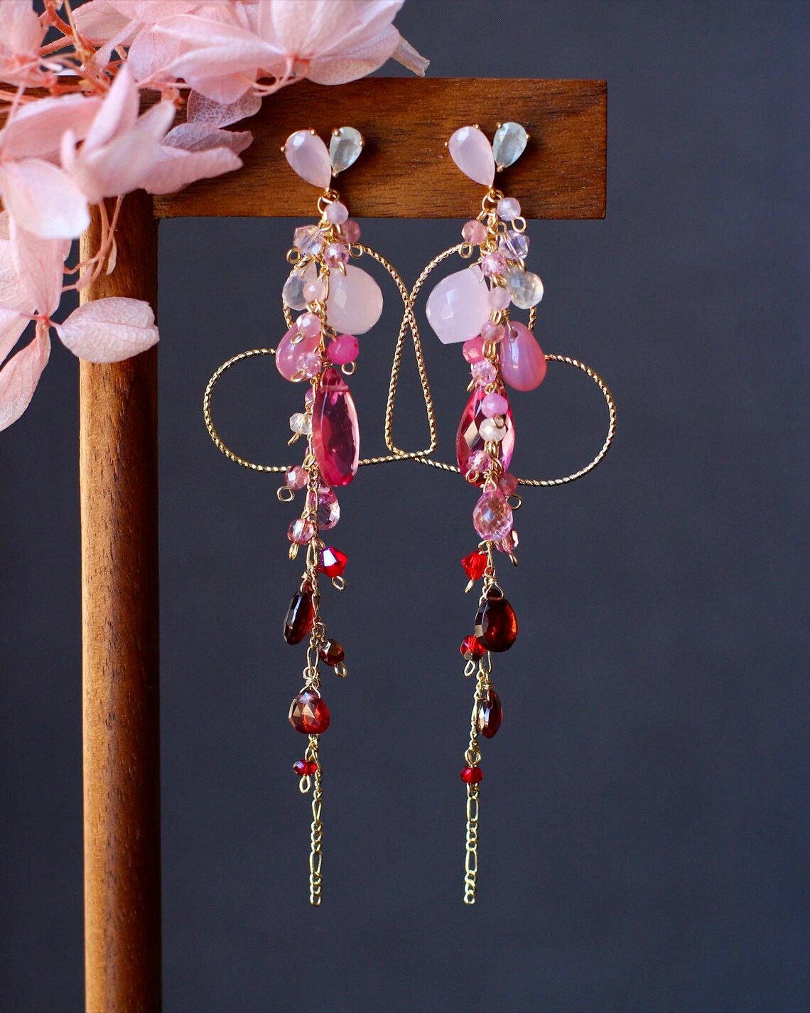 Pink Ruby / Rose Quartz / Garnet Heart Shape Dangle Stud Earrings ...