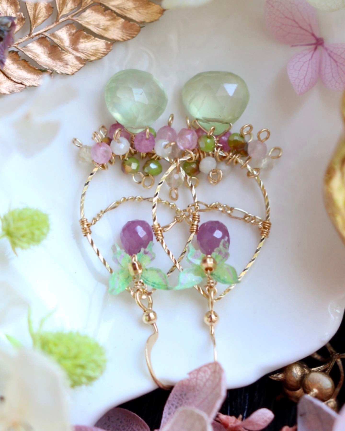 Prehnite / Pink Sapphire Floral Themed 14K Gold Filled Handmade Oval ...