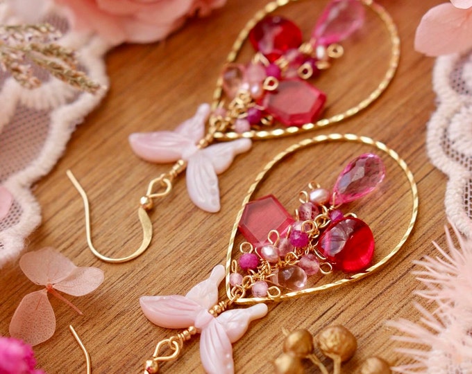 Pink Butterfly Sculptured Shell / Ruby / Topaz / Tourmaline Quartz Oval ...