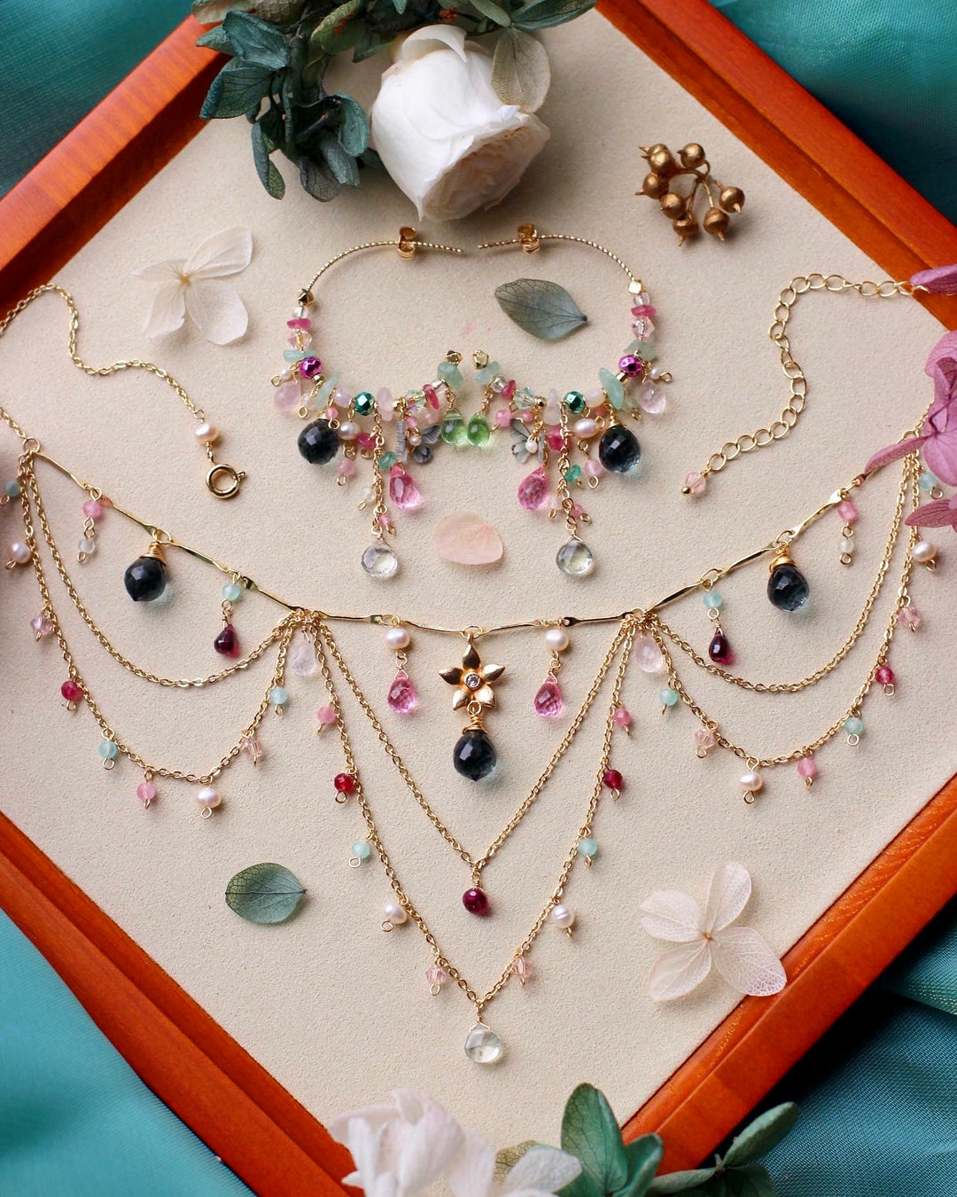Dark Green / Rose Quartz / Pink Topaz Butterfly Floral Themed Jewelry ...