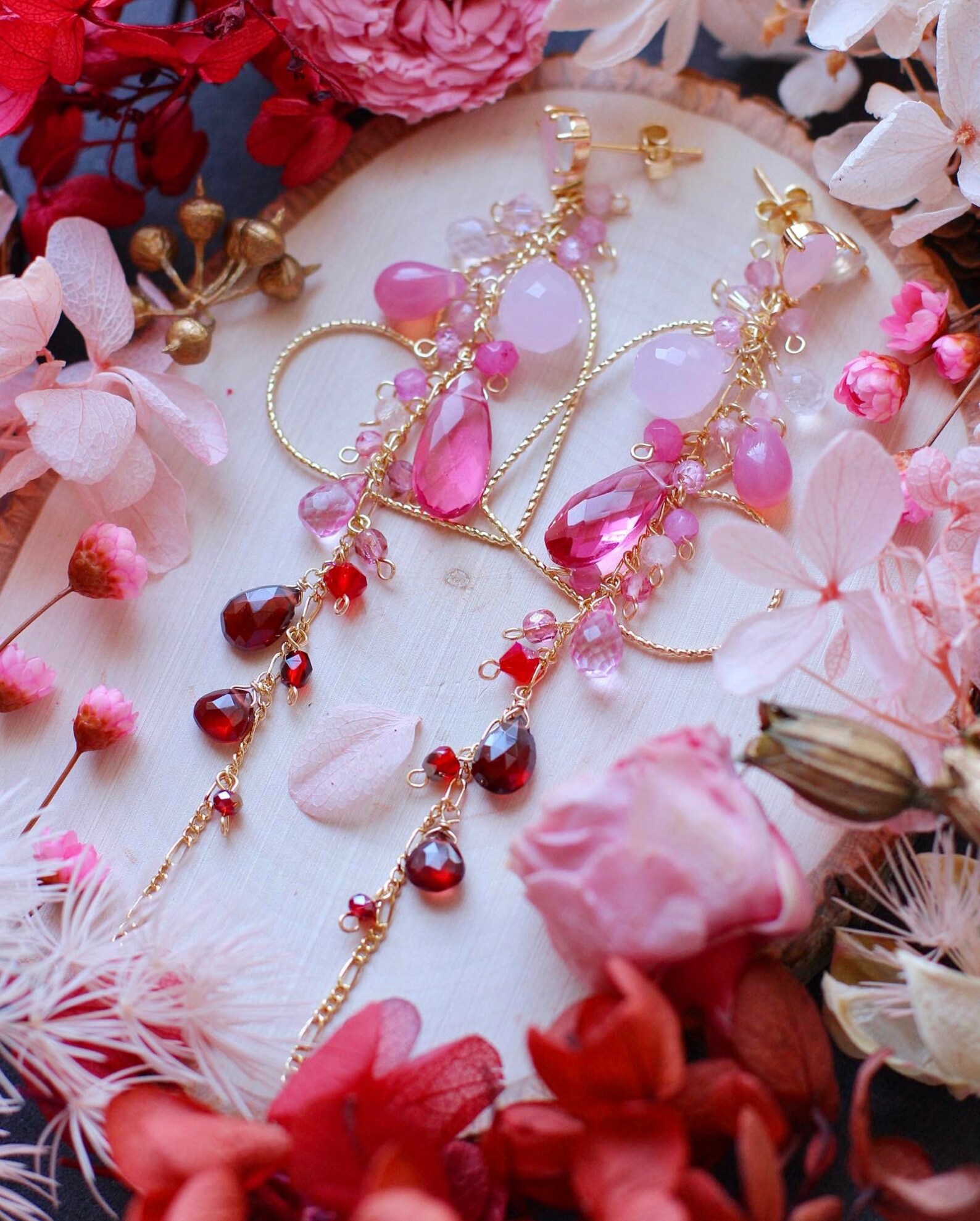 Pink Ruby / Rose Quartz / Garnet Heart Shape Dangle Stud Earrings ...
