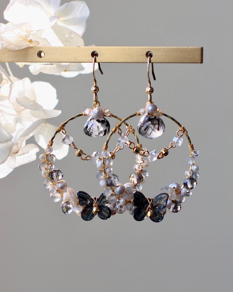 Black Hair Quartz Handmade Gemstone Butterfly Floral Cluster Hoop ...