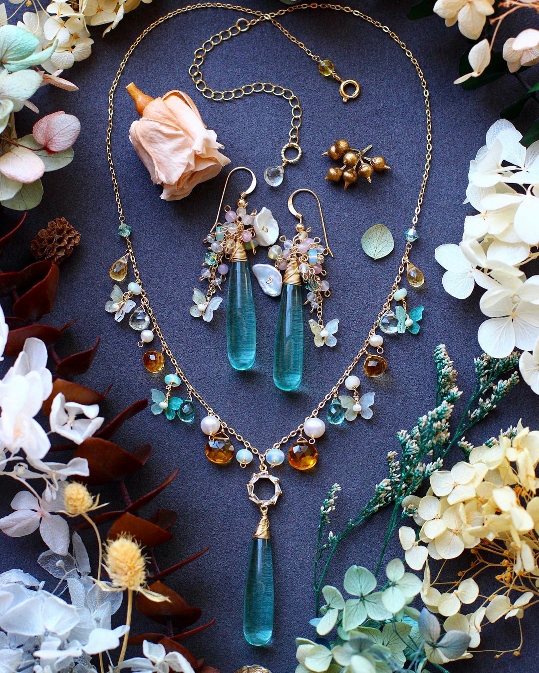 Fresh Green Quartz / Citrine / Aurora Pearl / Topaz Jewelry Set ...